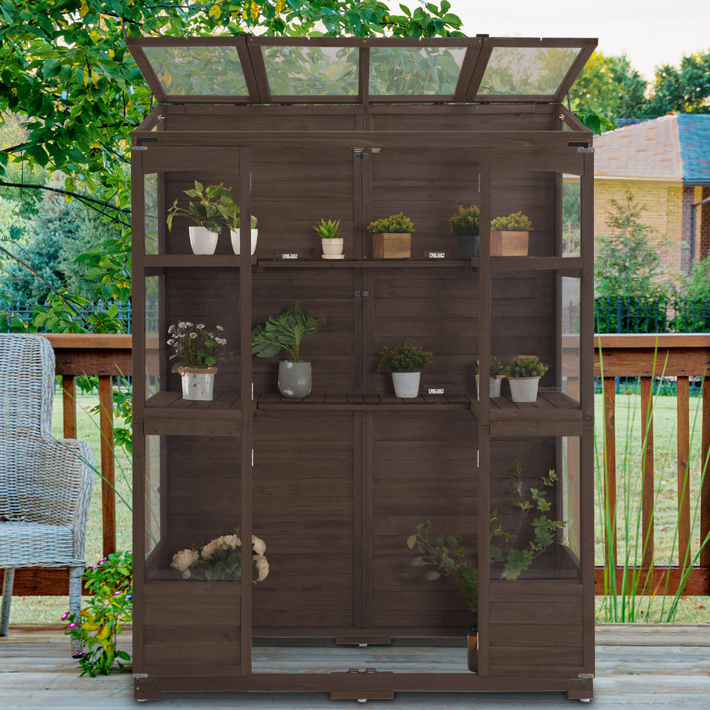 Mcombo Wooden Greenhouse, Walk-in Outdoor Greenhouse with Openable Roo ...